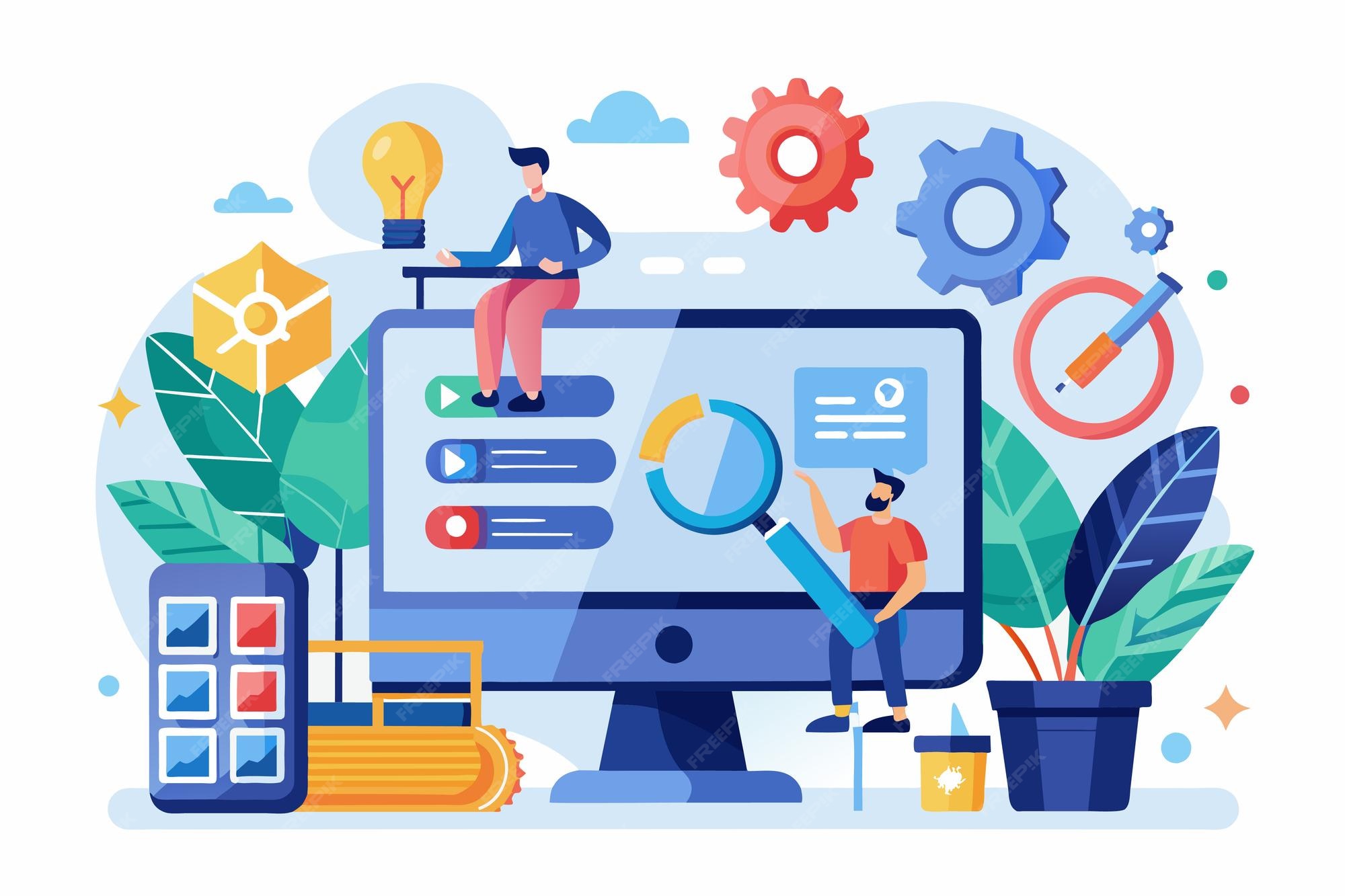 Technicians engage in computer troubleshooting using various tools and illustrations of tech ...