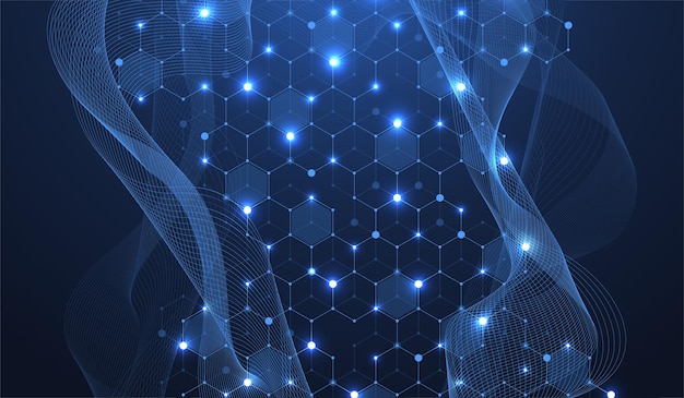 기술 추상 라인과 점은 육각형으로 배경을 연결합니다 육각 격자입니다 육각형 연결 디지털 데이터와 빅 데이터 개념 16진수 디지털 데이터 시각화 벡터 일러스트 레이 션