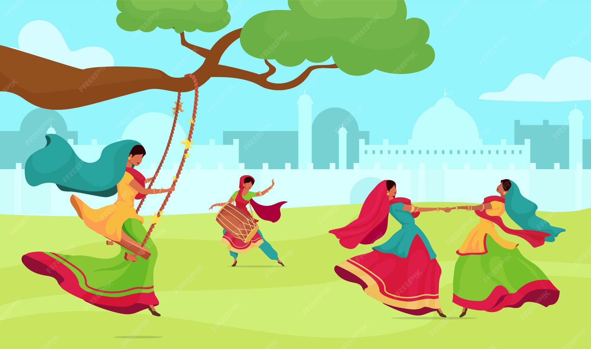 Premium Vector | Teej festival flat color illustration Premium Vector | Teej festival flat color illustration