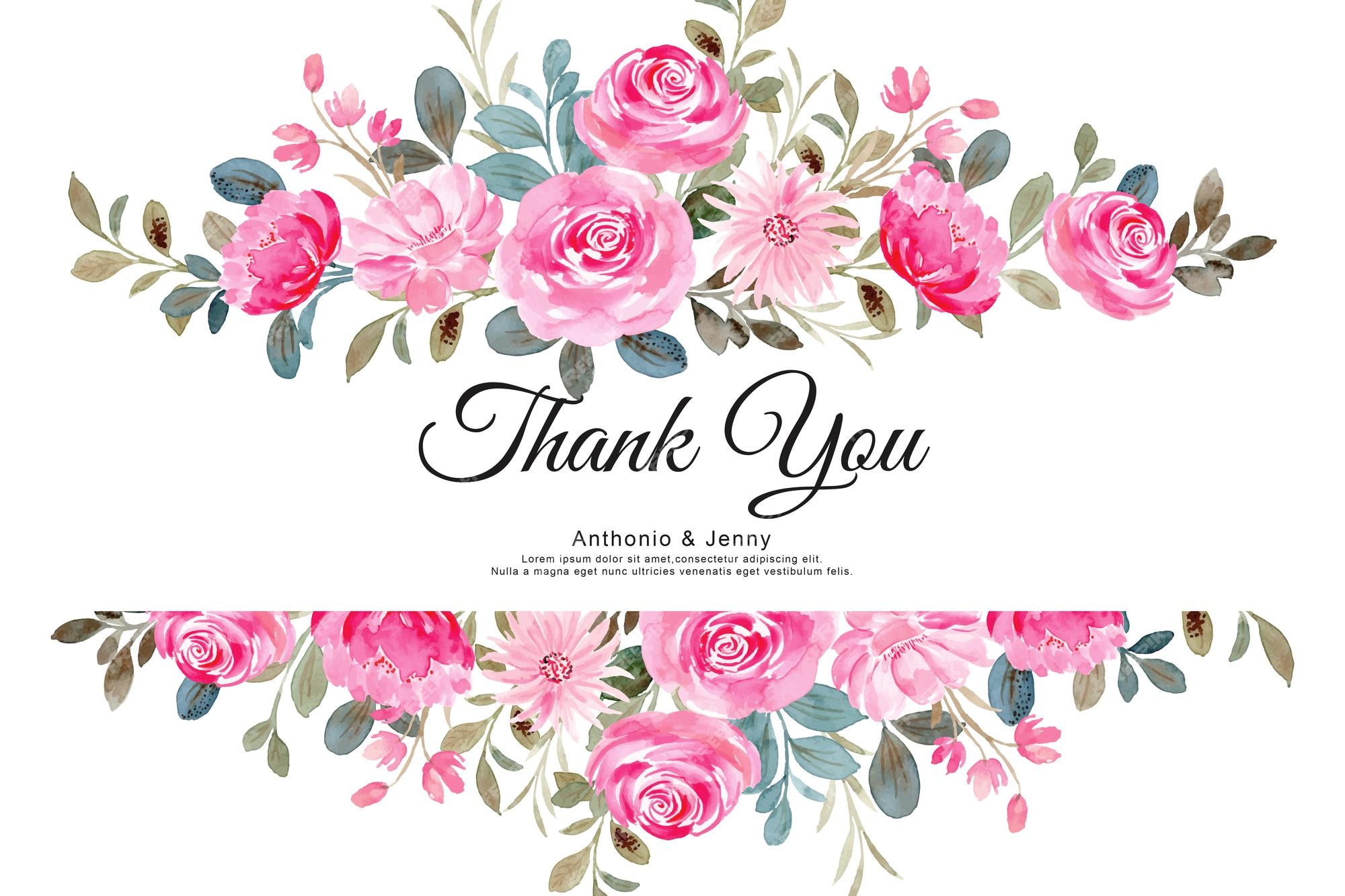 Premium Vector Thank You Card With Pink Watercolor Floral Border