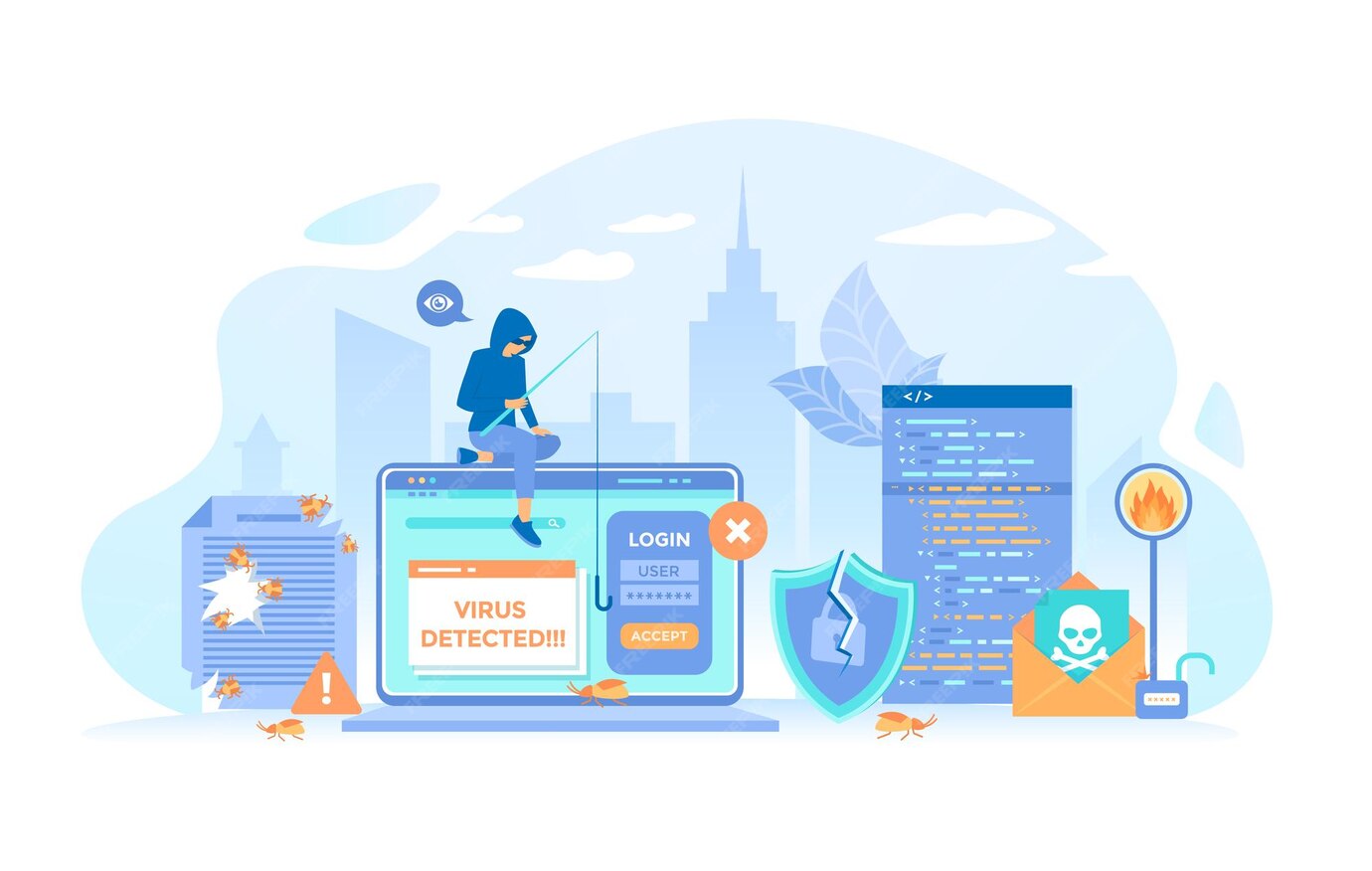 Premium Vector | Thief hacker stealing password computer viruses and ...