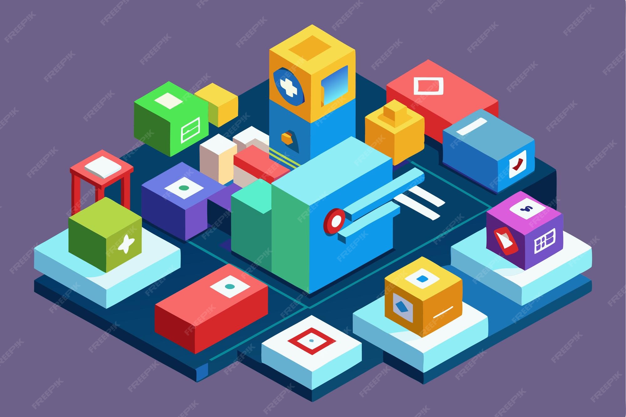 This graphic displays colorful isometric blocks representing customizable JavaScript frameworks ...
