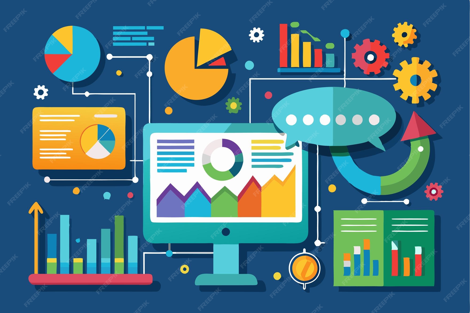 This graphic displays various data visualizations on a computer ...