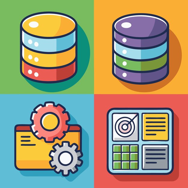 This image shows four colorful flat icons representing database server programming and data ...