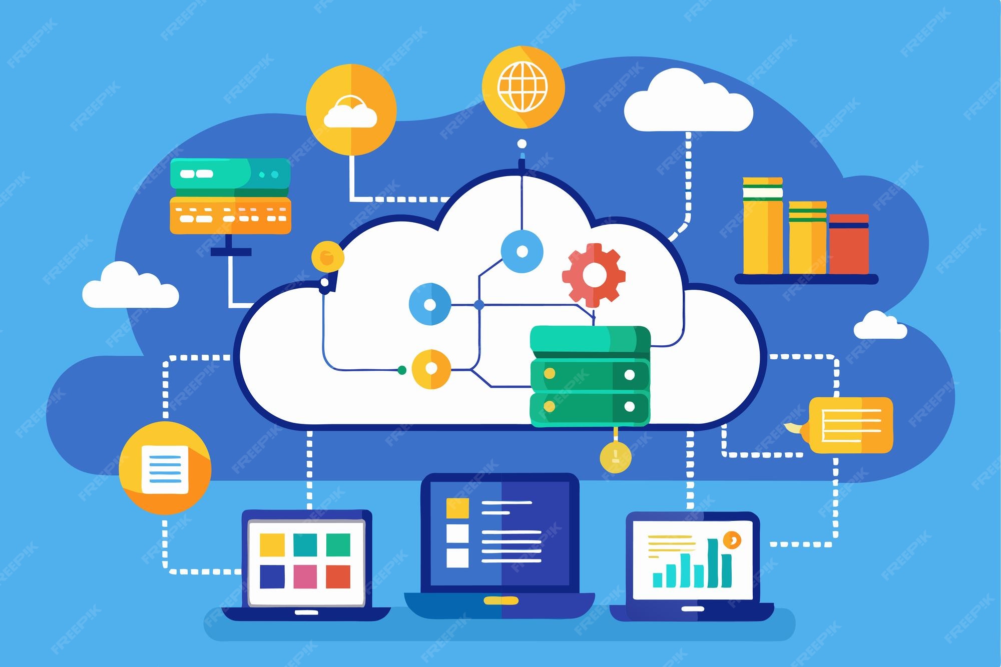 This visual represents cloud data management and synchronization systems connecting various ...