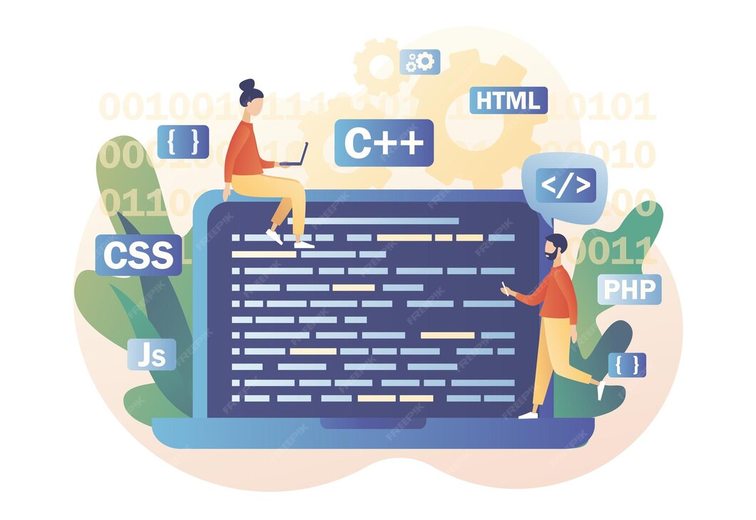 Premium Vector | Tiny people programmer or developer create code programming language ...