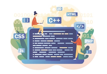 Premium Vector | Tiny people programmer or developer create code ...