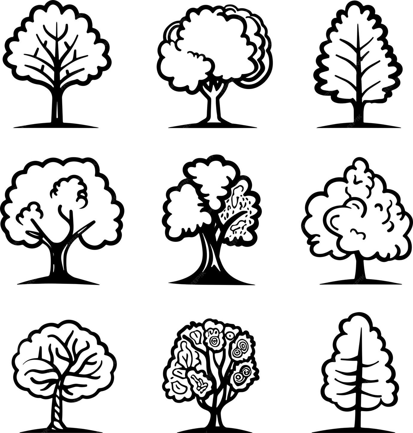 Tree Line Art Silhouette Black And White Vector Illustration Collection