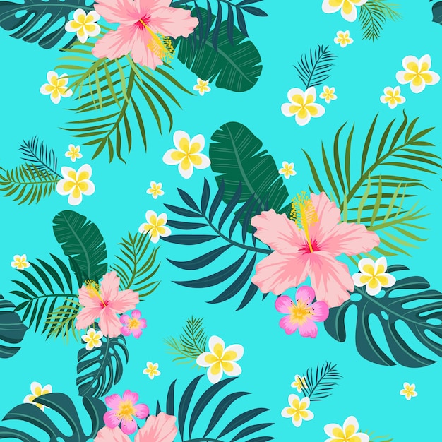Premium Vector Tropical Seamless Pattern With Palm Leaves And Flowers
