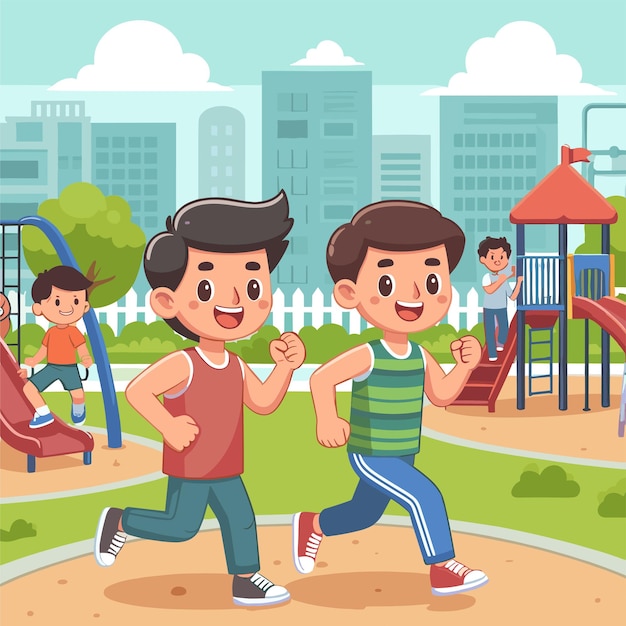 Two boys running in a park with a fence in the background | Premium AI ... Two boys running in a park with a fence in the background | Premium AI ...