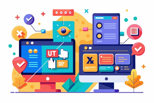 Two computer screens showcase distinct UI UX design elements with ... Two computer screens showcase distinct UI UX design elements with ...