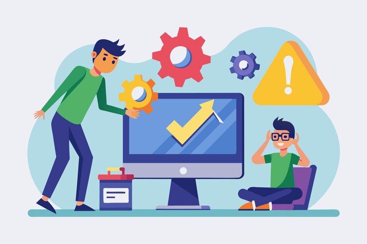 Premium Vector | Two individuals are focused on a computer screen ...