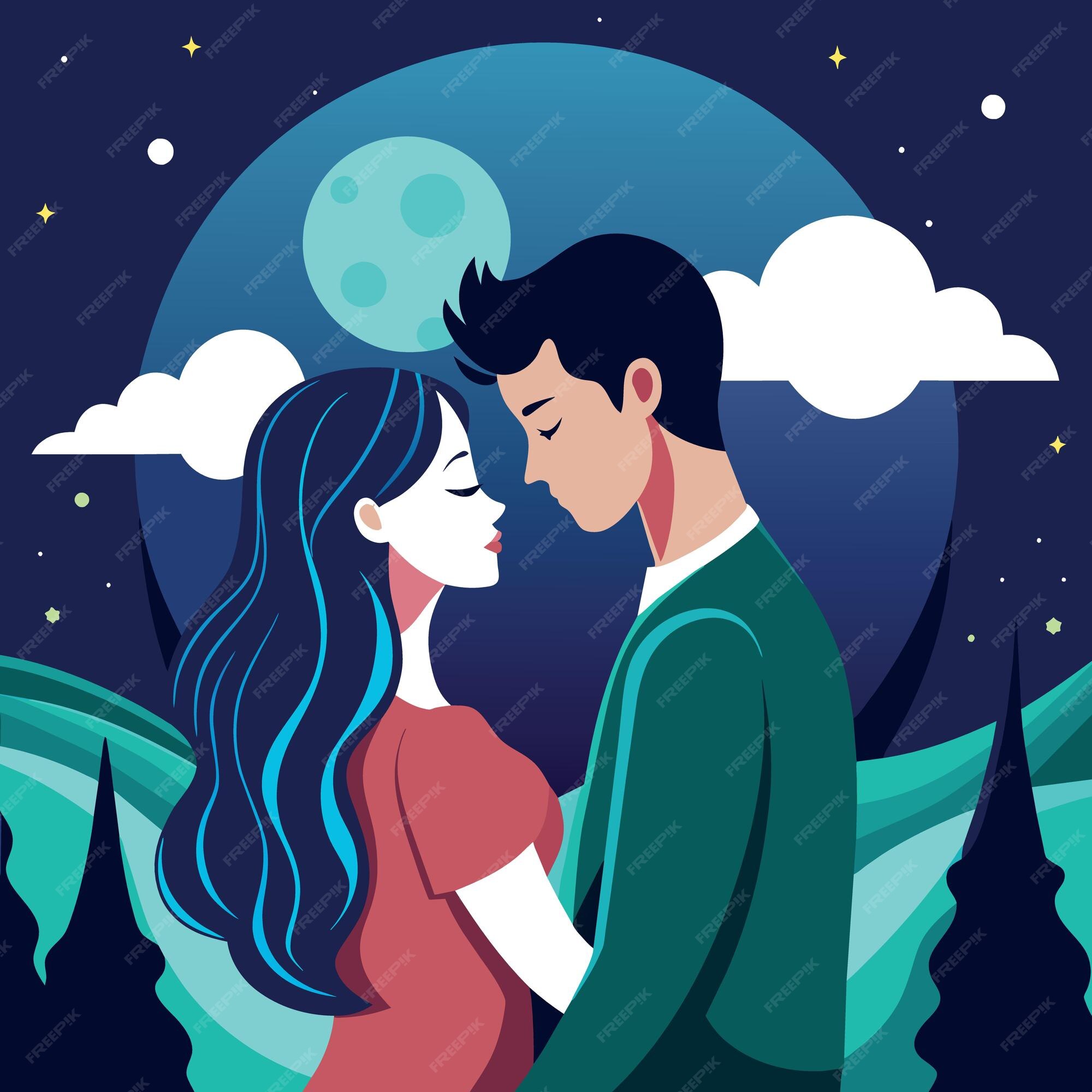 Premium Vector | Two lovers in night on the moon background Premium Vector | Two lovers in night on the moon background