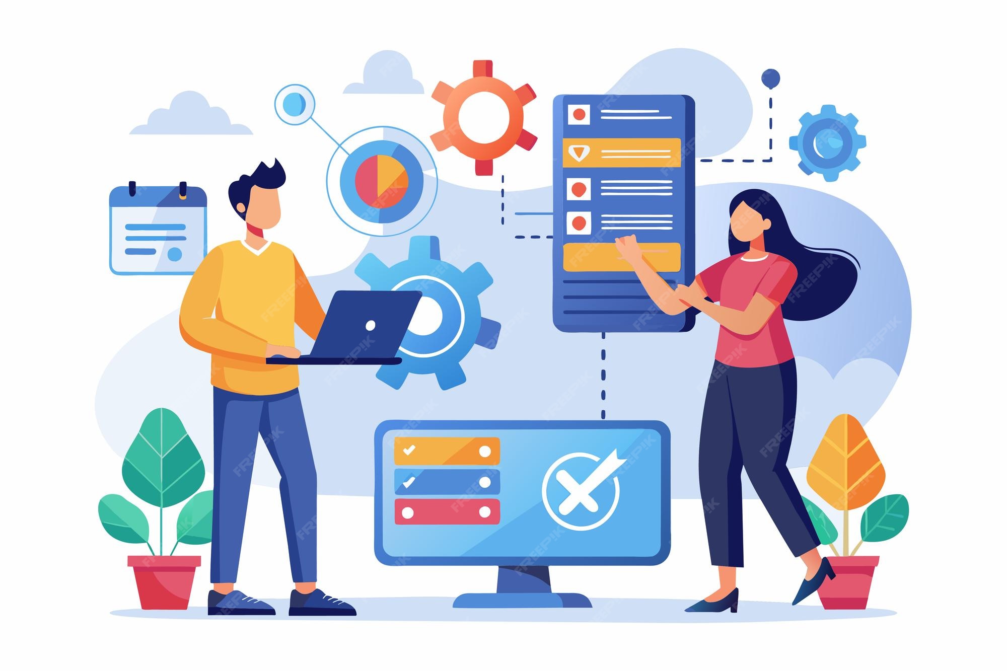 Premium Vector | Two people fixing network error on computer screen two ...