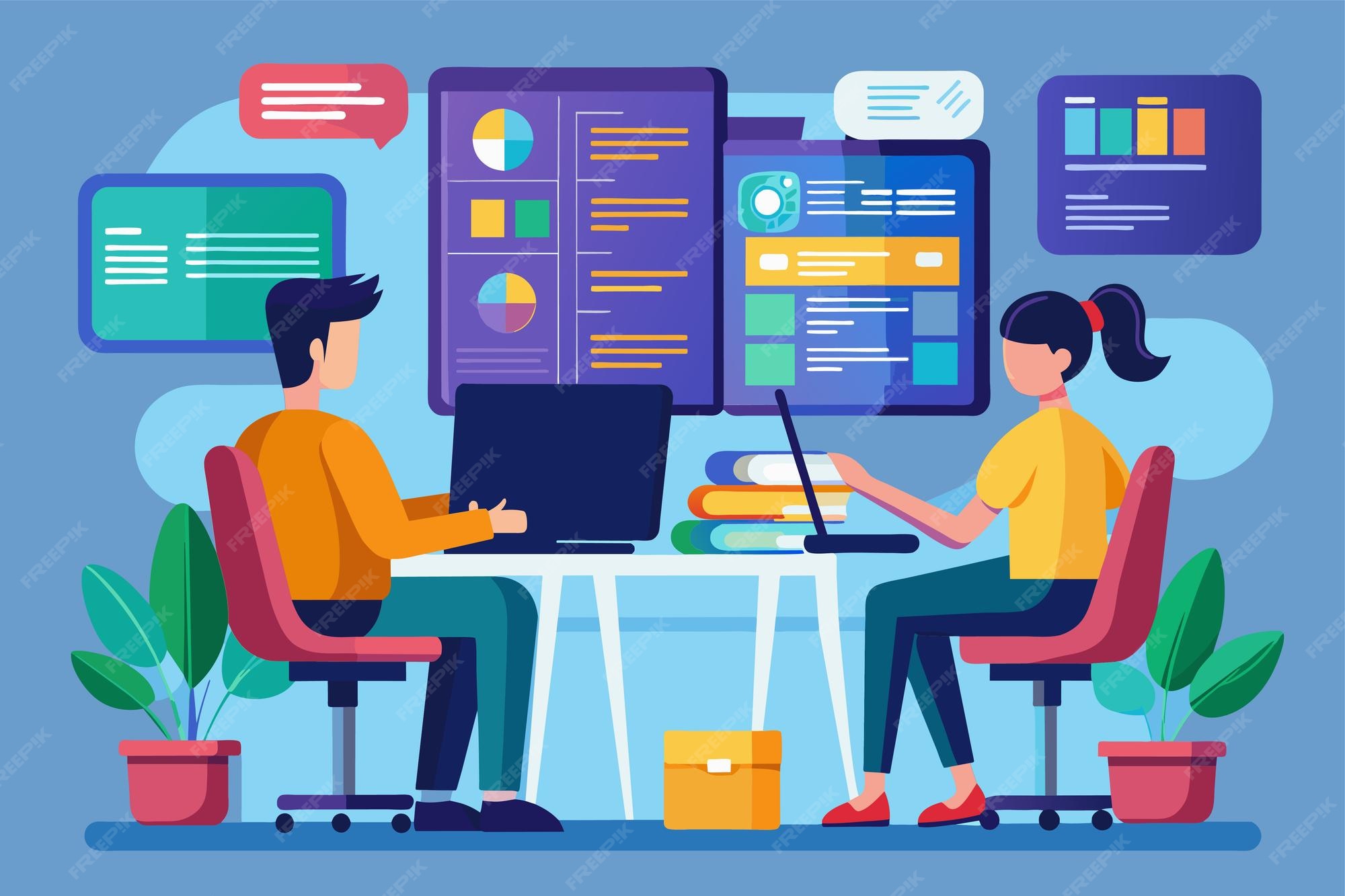 Premium Vector | Two people sitting at a table working on a laptop programmers learn programming ...