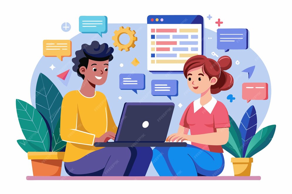 Two programmers work together on a laptop collaborating on a coding project Pair programming ...