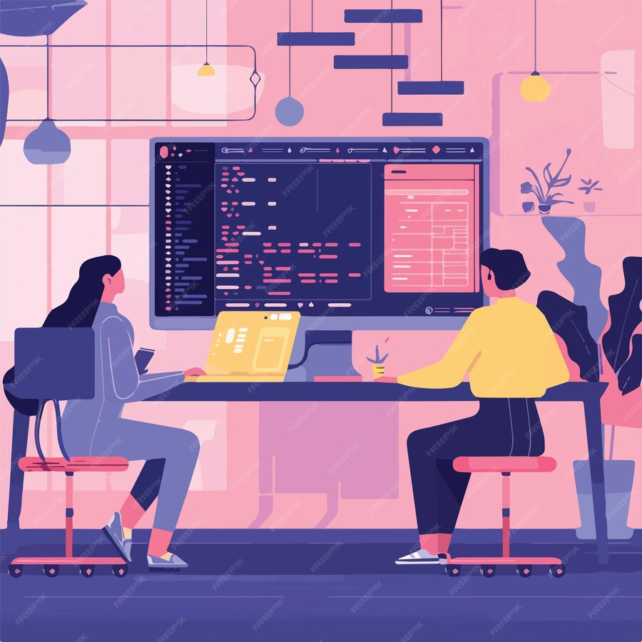 Two Programmers Working Together On Project Using Laptop Computer Big Screen Modern Office ...