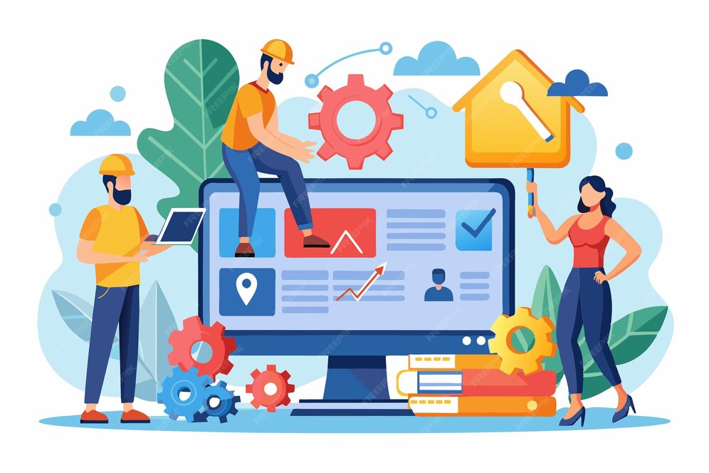 Two technicians work on fixing errors and optimizing a website while collaborating in a vibrant ...