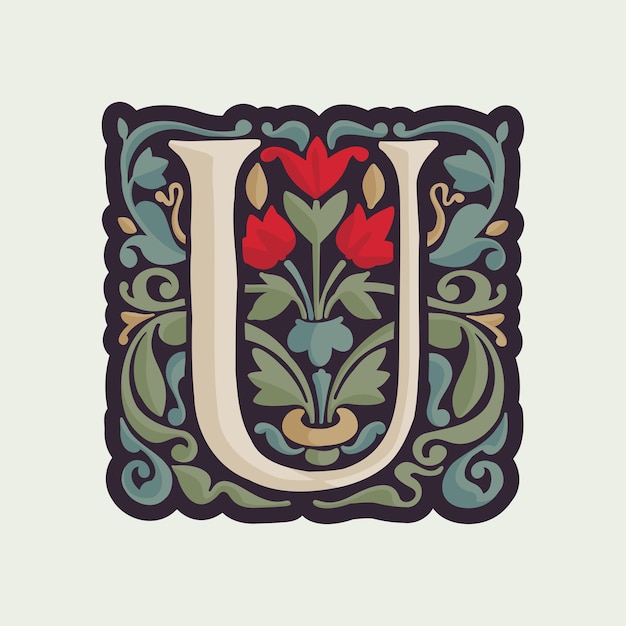 Premium Vector U Letter Illuminated Initial With Curve Leaf Ornament And Tulips Medieval Dim