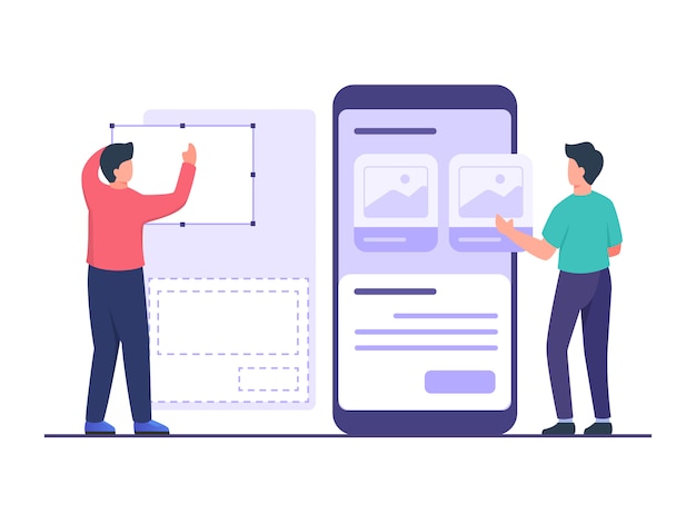 Ui 디자이너는 플랫 만화 스타일의 대형 스마트 폰에서 개발자 디자인 모바일 앱과 공동으로 도구를 사용하여 와이어 프레임을 만듭니다 프리미엄 벡터