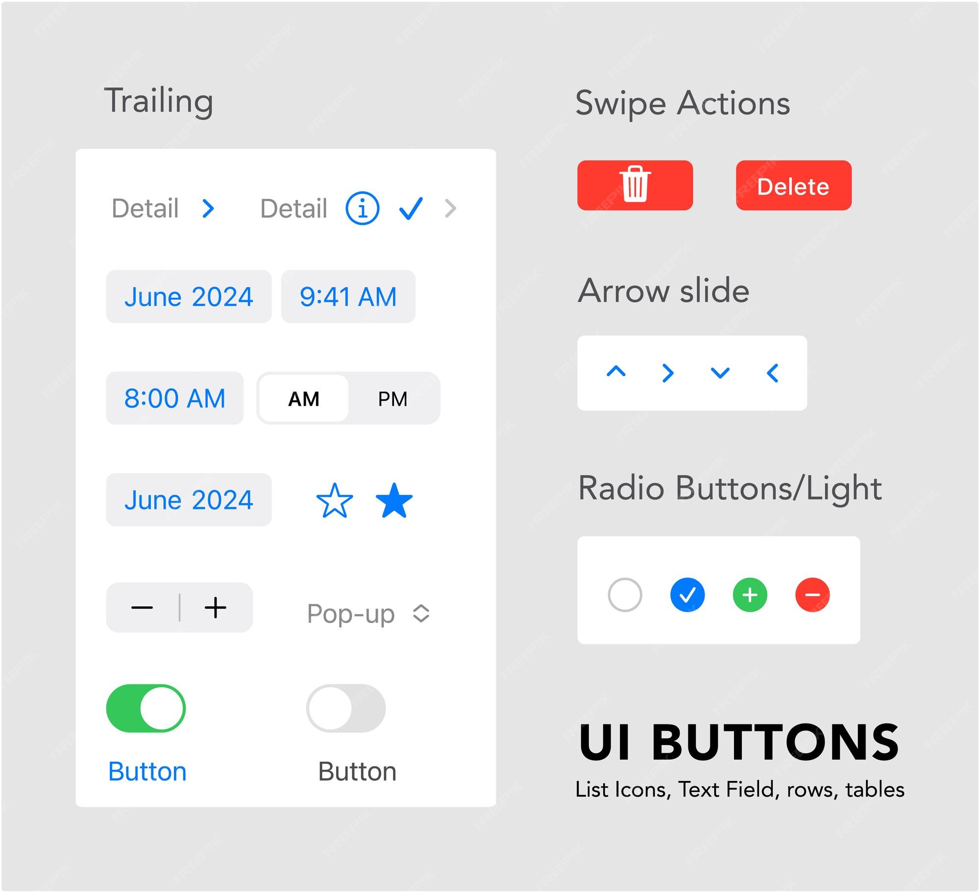 Premium Vector | UI kit with template for Lists UI Buttons Icons tables and radio buttons