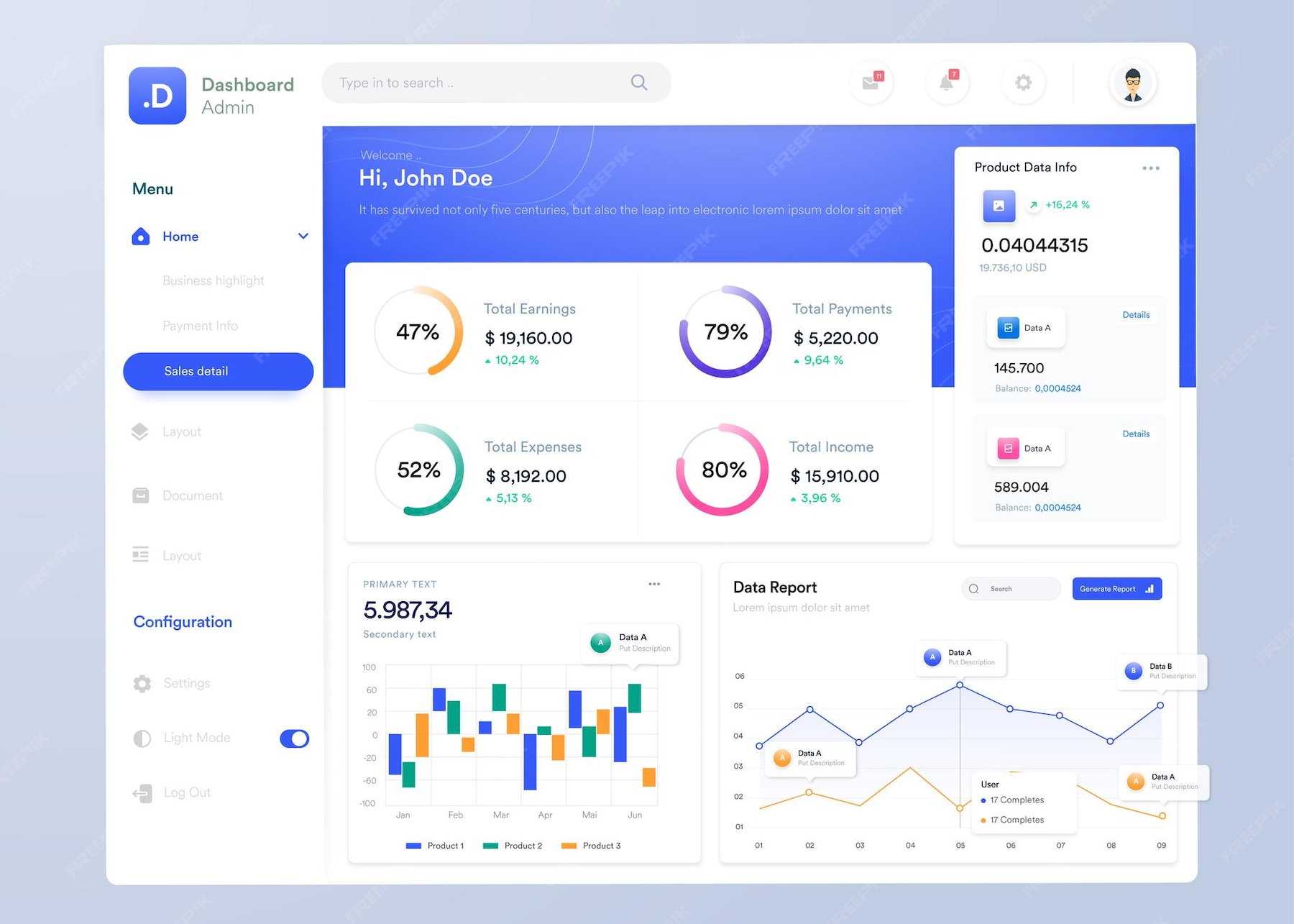Premium Vector | Ui ux infographic dashboard ui design with graphs ...