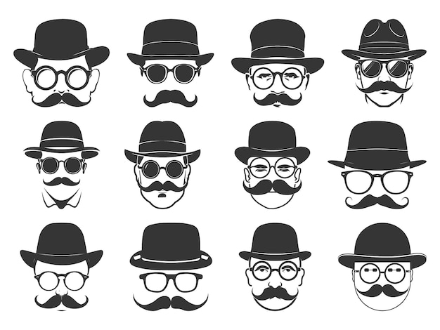 Premium Vector Unknown Man With Hat Glasses And Mustache Silhouette Set Gentleman Icon Hat