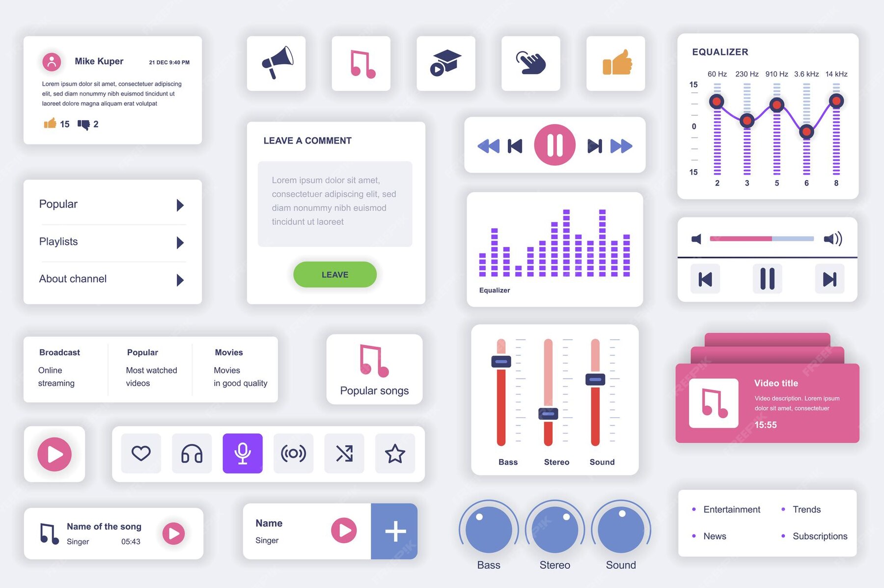 Premium Vector | User interface elements set for music mobile app kit template with hud diagrams ...