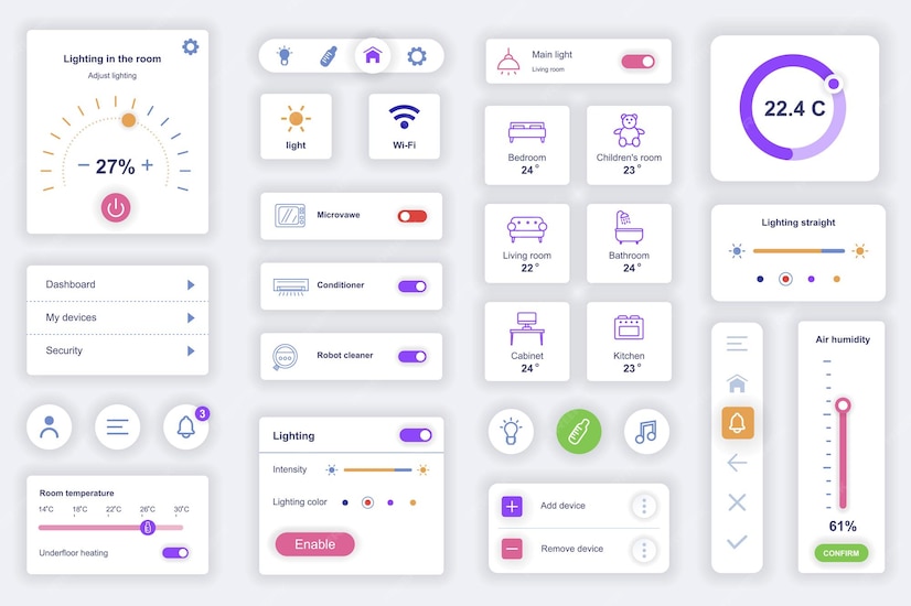 Premium Vector | User interface elements set for smart home mobile app Kit template with HUD ...
