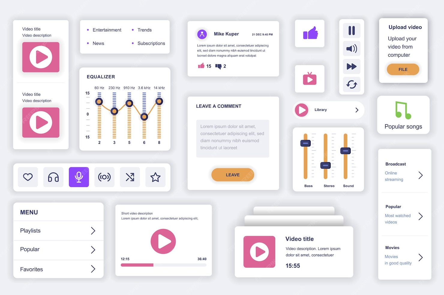 Premium Vector User Interface Elements Set For Video Tube Mobile App