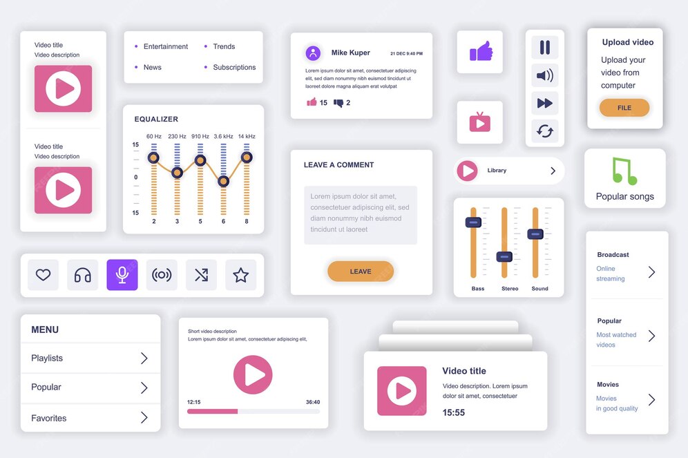 Premium Vector User Interface Elements Set For Video Tube Mobile App