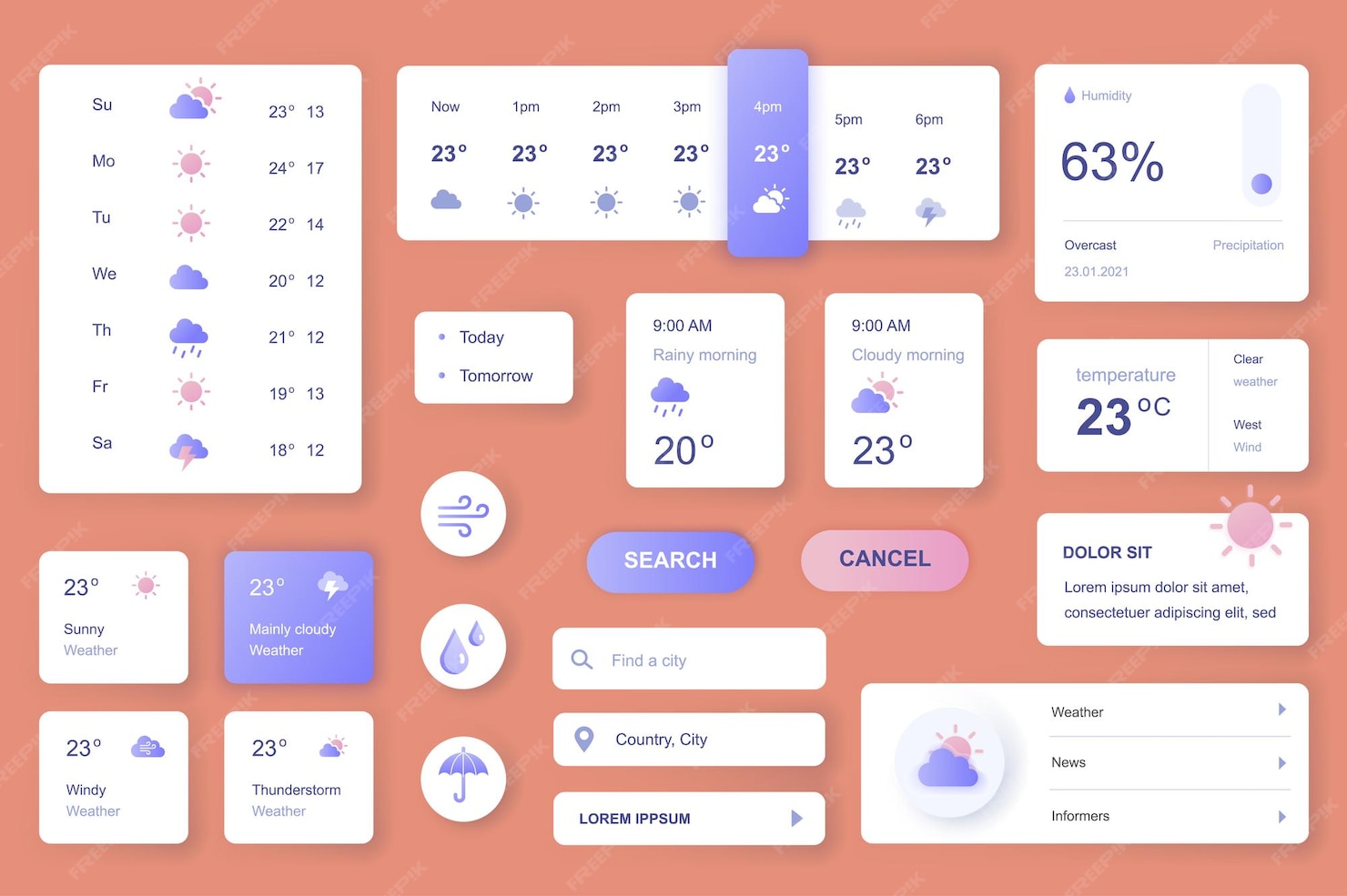 Premium Vector | User interface elements set for weather mobile app or ...