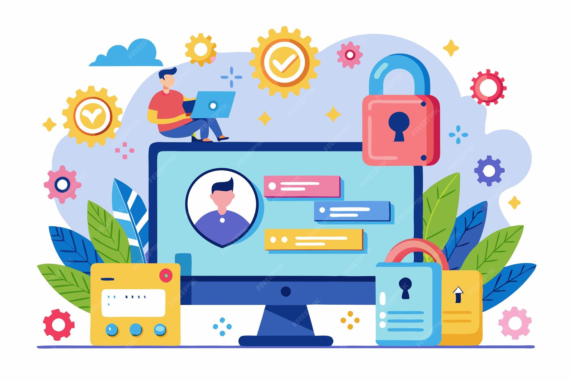 A User Works On A Computer Surrounded By Colorful Graphics Representing Password Security