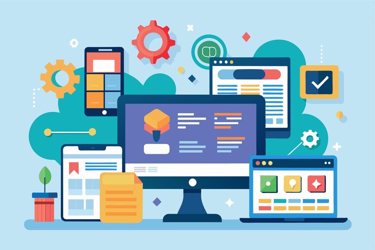 A Variety Of Devices Display Customizable Application Programming Interfaces Against A Colorful