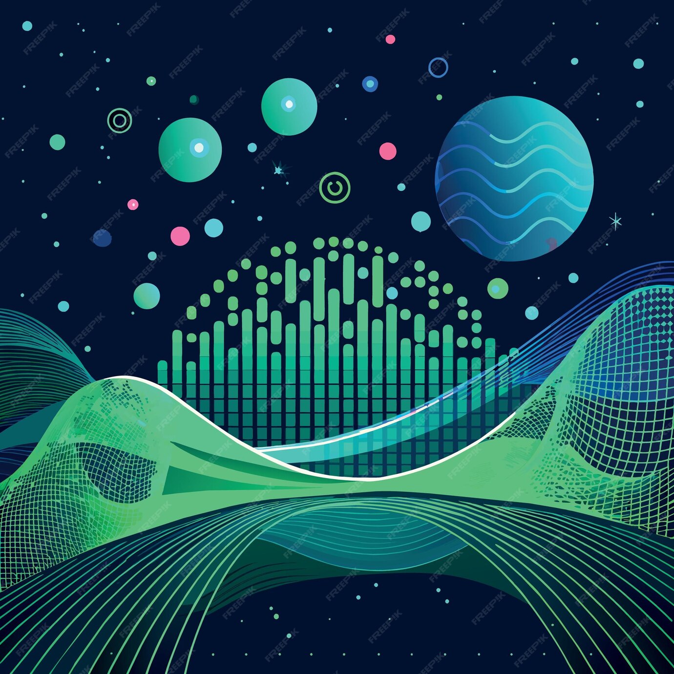 Vector abstract technology background wavy dot particles pattern and binary code texture ...