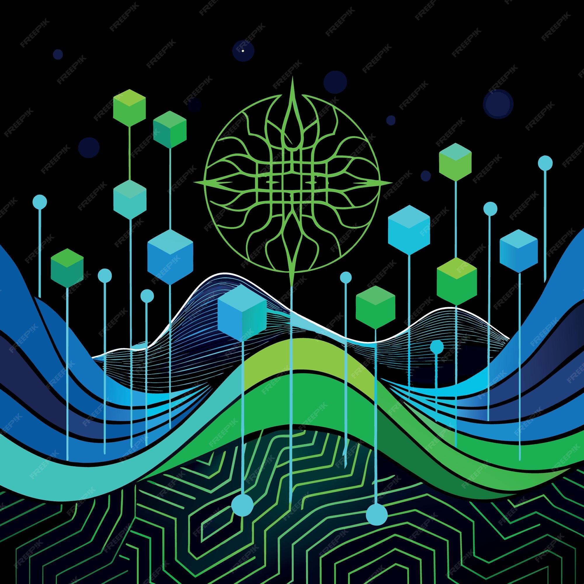 터 추상 기술 배경 파동 신경 네트워크 라인 및 이진 코드 텍스처 배경 프리미엄 Ai 생성 벡터