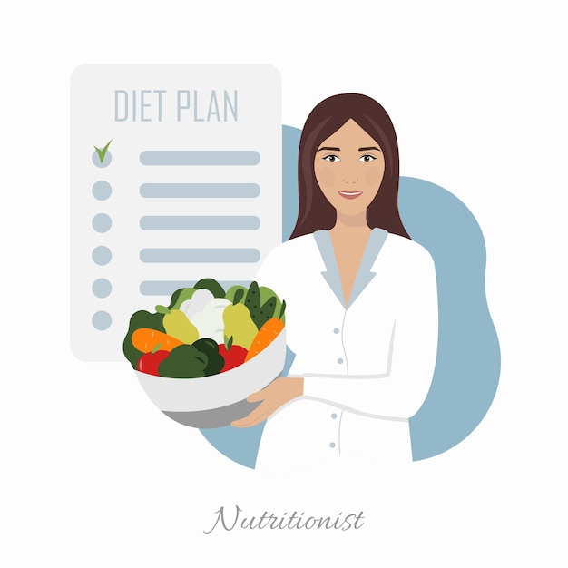 Premium Vector Vector Cartoon Nutritionist With Vegetables And A Diet