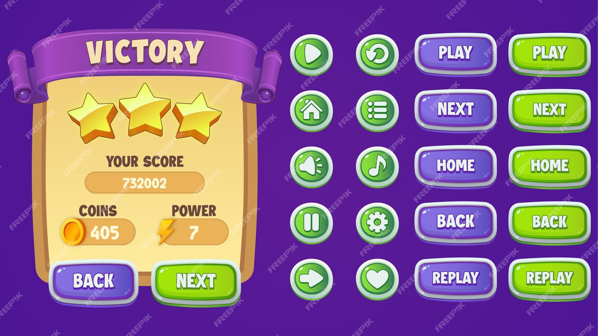 Premium Vector | Vector game ui kit. complete set of victory menu scene ... Premium Vector | Vector game ui kit. complete set of victory menu scene ...