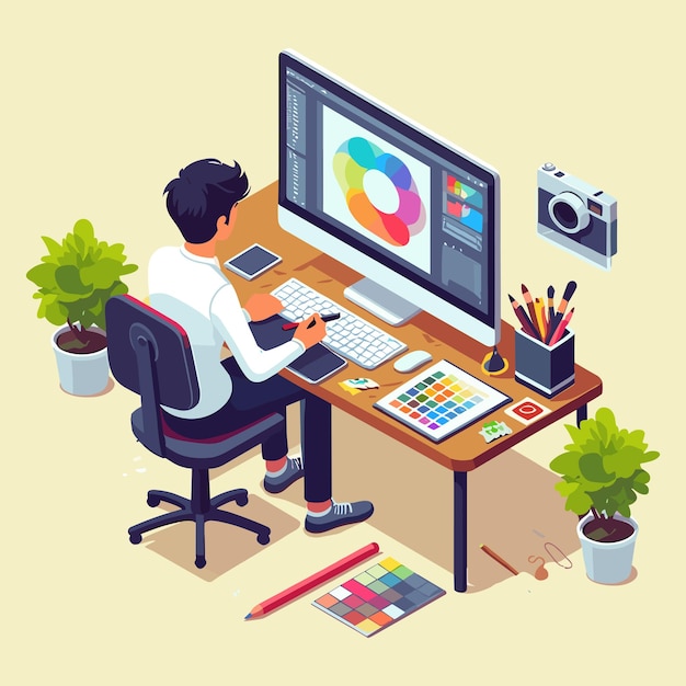 Vector graphic designer man working on computer | Premium AI-generated ... Vector graphic designer man working on computer | Premium AI-generated ...