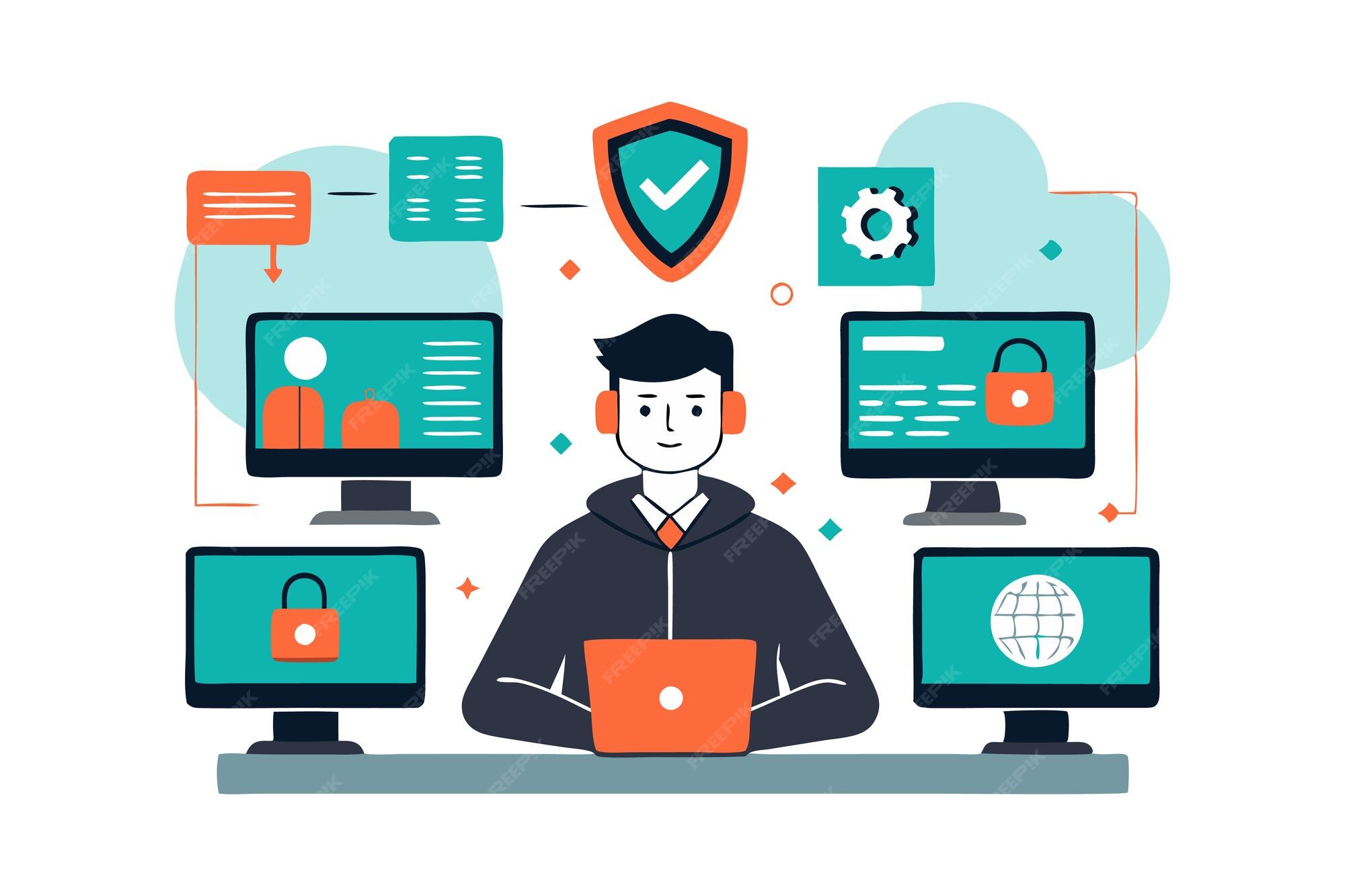 Vector Illustration Of A Cybersecurity Professional Working On Multiple Computer Screens With