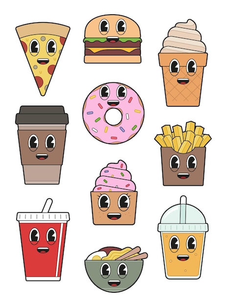 Premium Vector Vector Illustration Of A Kawaii Cartoon Fast Food Characters Set