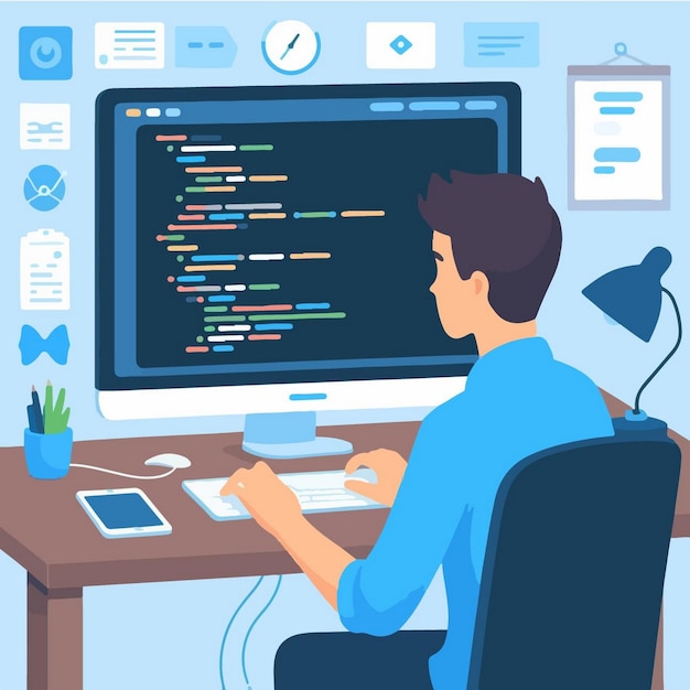 Premium Vector | Vector illustration of programmer in flat design style Premium Vector | Vector illustration of programmer in flat design style