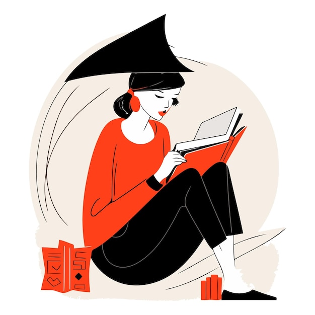 Vector Illustration Of A Young Woman Sitting On The Floor And Reading A
