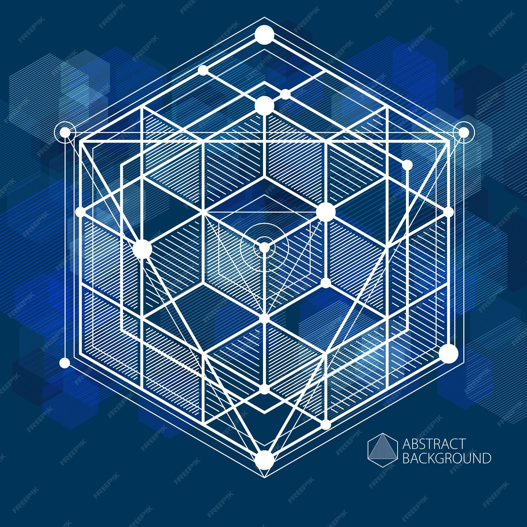 현대 추상 입방 격자 라인 파란색 검정색 배경의 벡터입니다 큐브 육각형 사각형 사각형 및 다른 추상 요소의 레이아웃입니다 추상 기술 3d 배경입니다 프리미엄 벡터