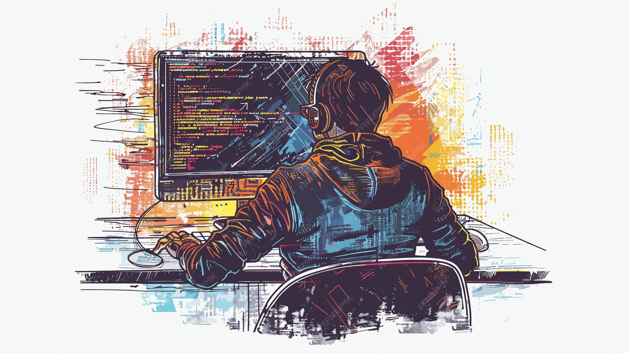 Premium Vector | Vector programmer at a computer on a white background ...