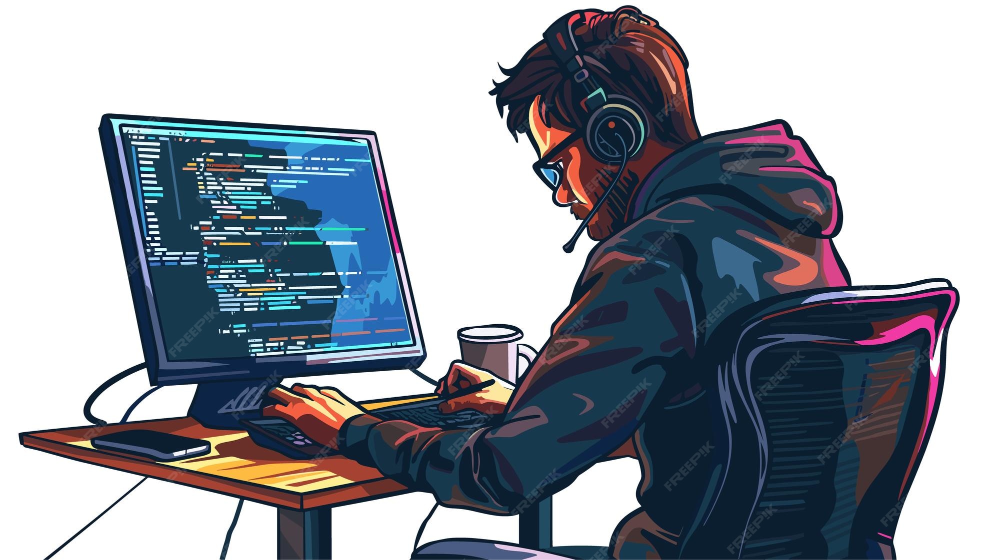 Premium Vector Vector Programmer At A Computer On A White Background
