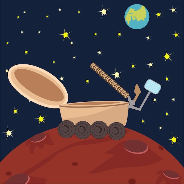 Premium Vector Vector Space Flat With Spaceship Planet And Stars Surface Of The Planet With