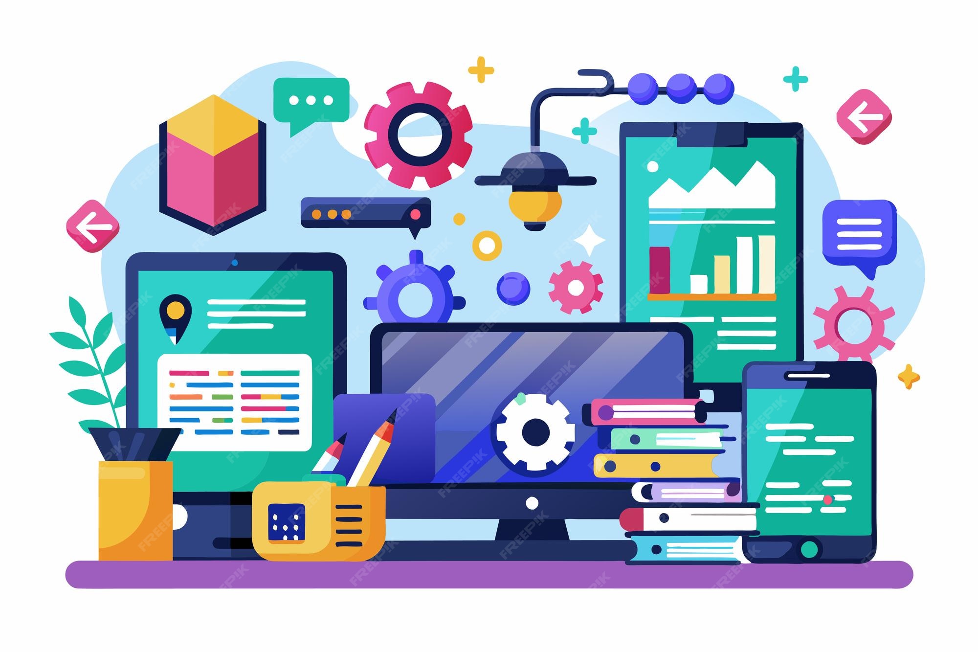 Premium Vector | A vibrant coding workshop setup showcases laptops ...