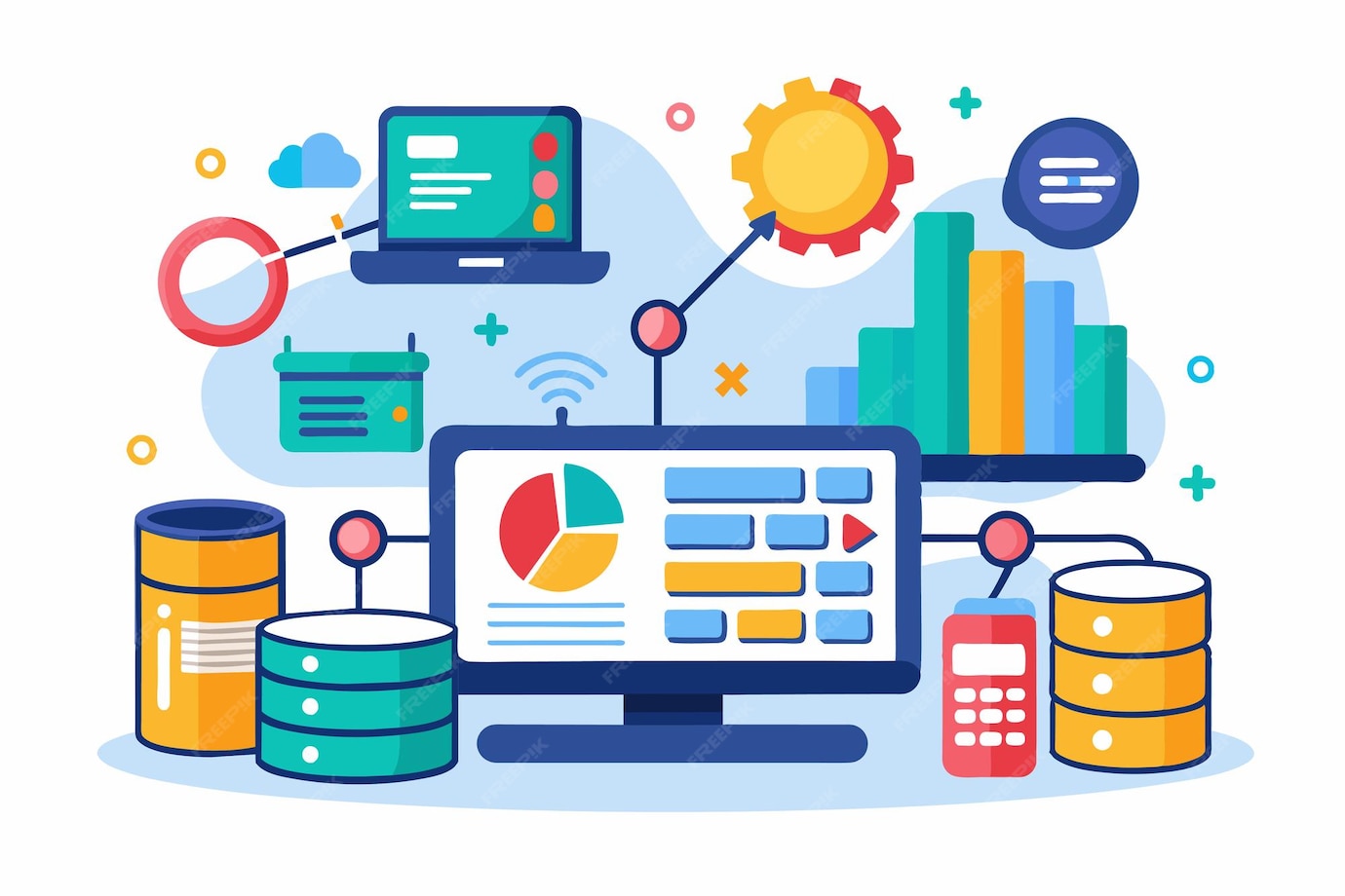 A vibrant display of data analysis concepts featuring charts computers and databases for ...