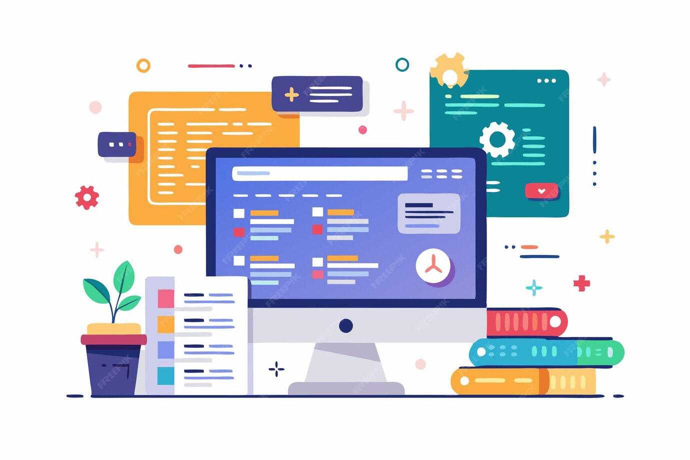 A vibrant flat illustration showcases customizable code snippets ...